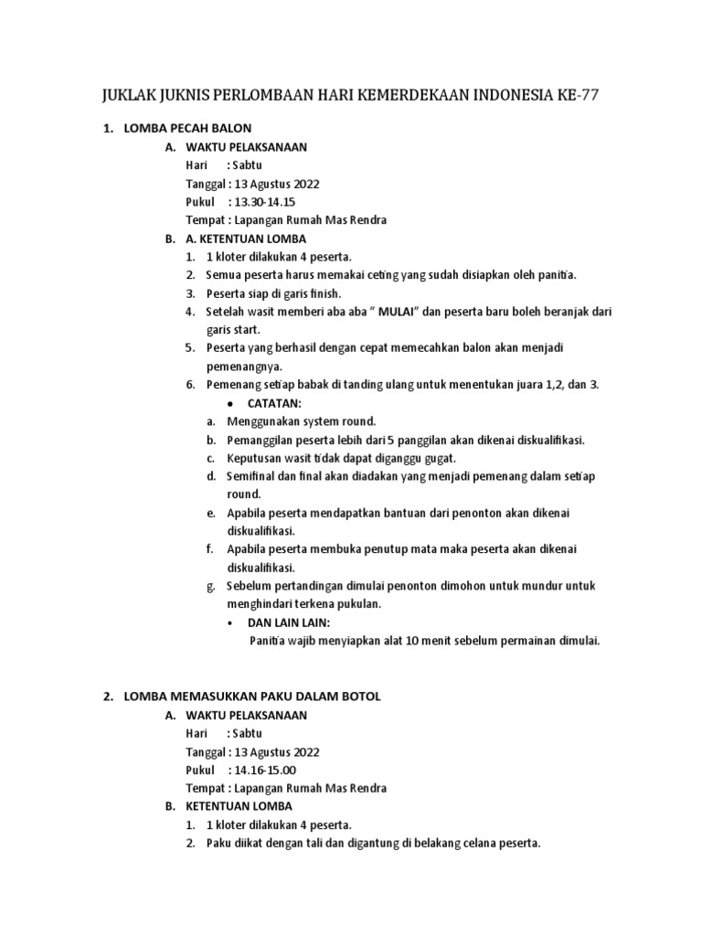 Juklak Juknis Perlombaan Hari Kemerdekaan Indonesia Ke - 1 | PDF