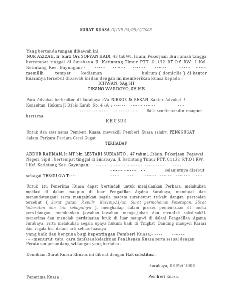 Contoh Surat Kuasa Gugatan | PDF Contoh Surat Kuasa Gugatan | PDF