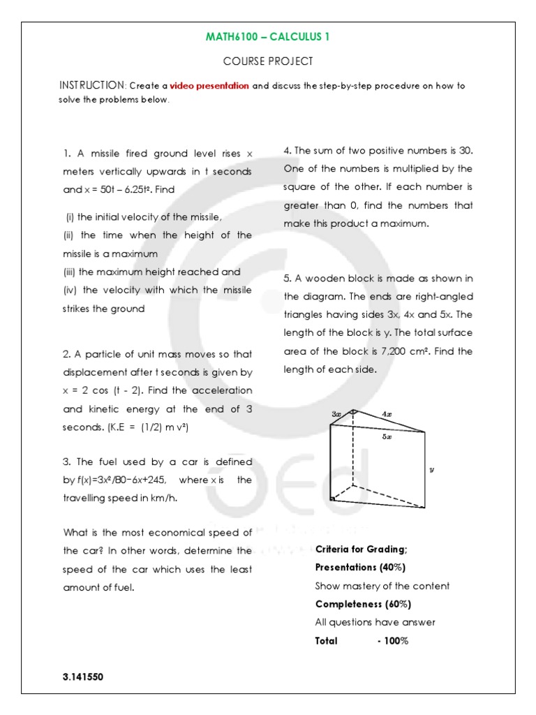 Calculus Project: Optimization & Motion | PDF