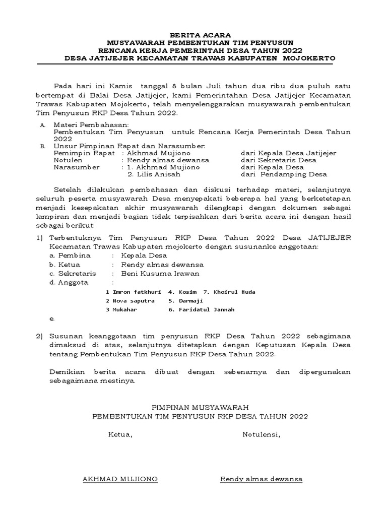 Pembentukan Tim RKP Desa Jatijejer | PDF
