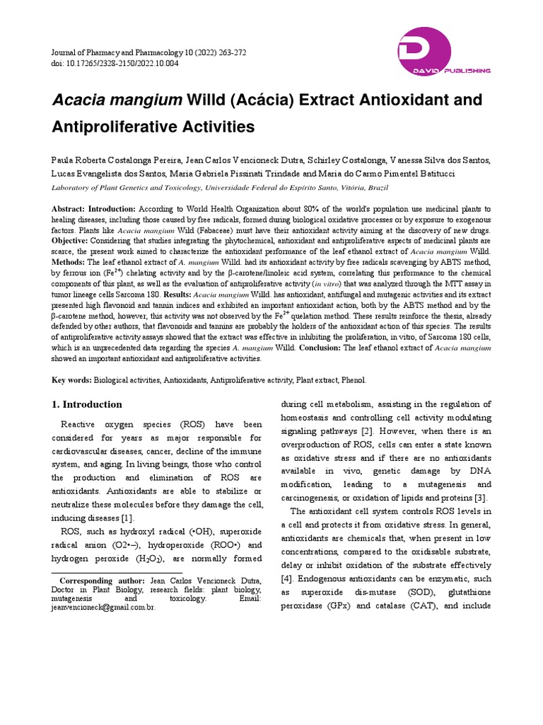 Acacia Mangium Willd (Acácia) Extract Antioxidant and Antiproliferative ...