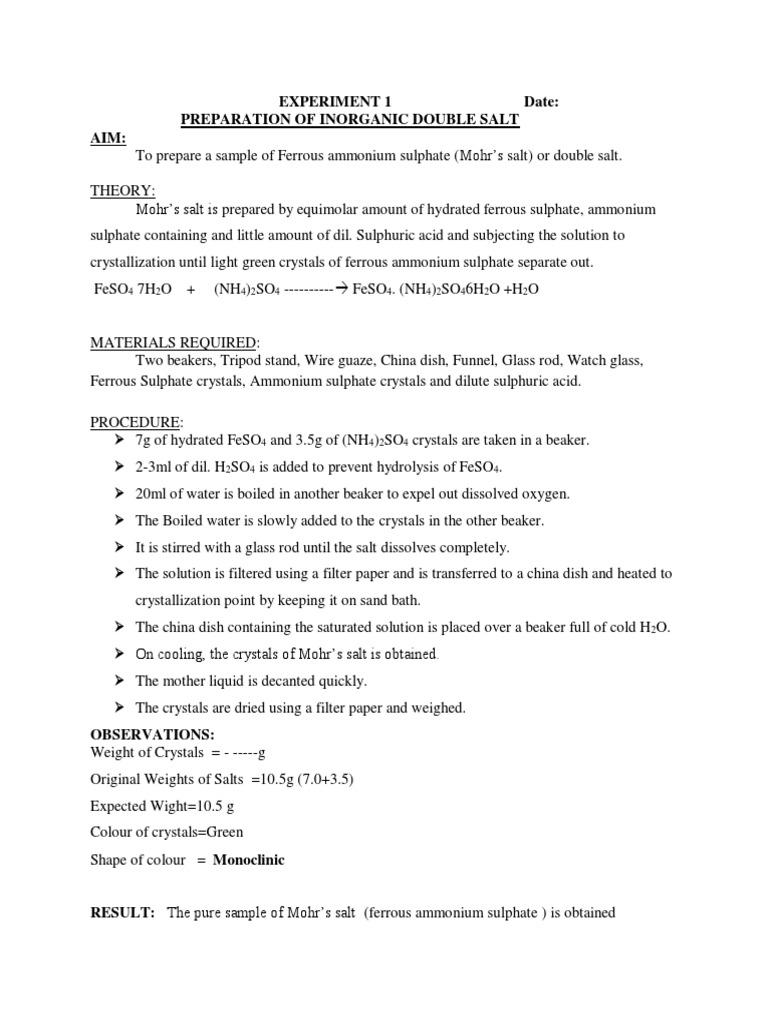 Preparation of Inorganic Double Salt 1.7.22 | PDF | Ammonium | Salt ...