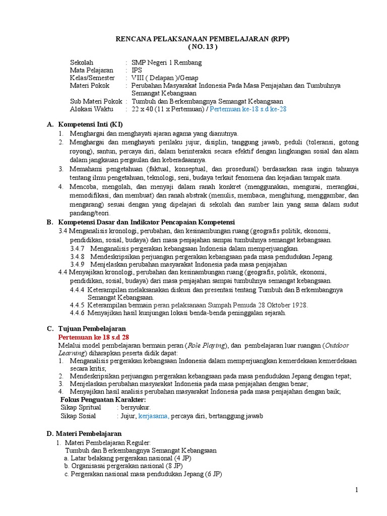 RPP 13 K-13 IPS Kelas 8 Tumbuh Dan Berkembangnya Semangat Kebangsaan | PDF