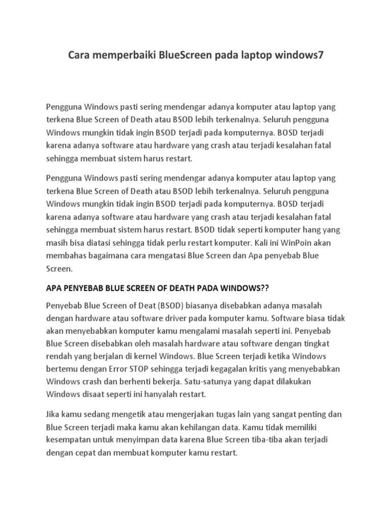 Cara Memperbaiki BlueScreen Pada Laptop Windows7 | PDF