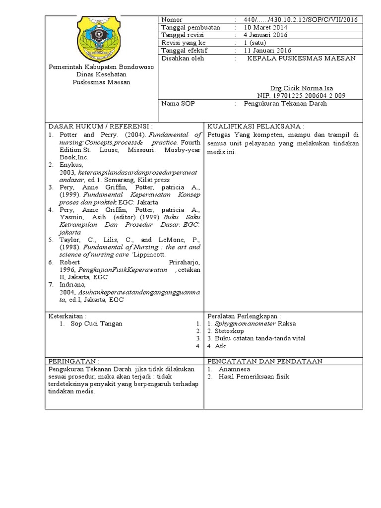 SOP Pengukuran Tekanan Darah | PDF