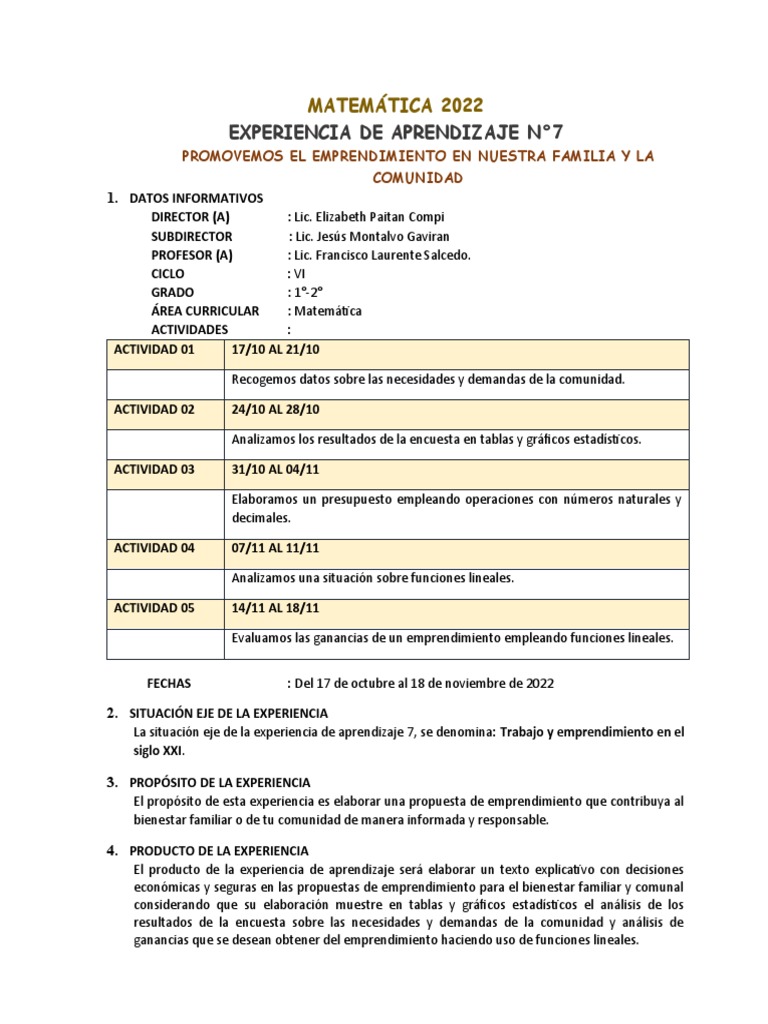 Experiencia de Aprendizaje N°7 - Matematica 1° | PDF | Linealidad | Ecuaciones