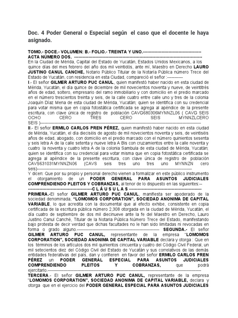 Doc. 4 Poder General o Especial Según El Caso Que El Docente Le Haya ...