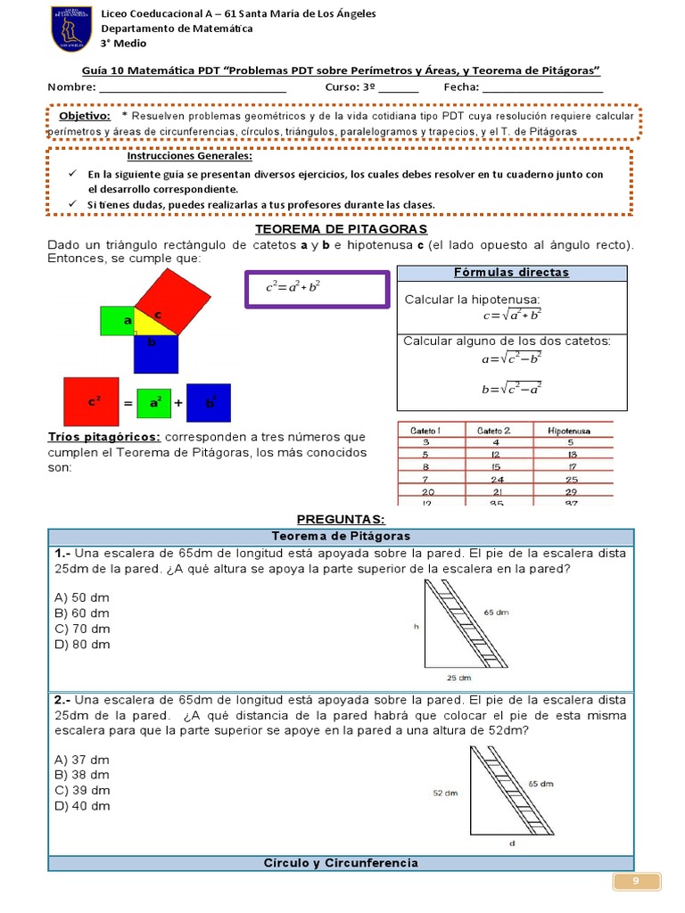 Guía10 - 3° - PDT - Problemas PDT Sobre Perímetros y Áreas, y Teorema ...