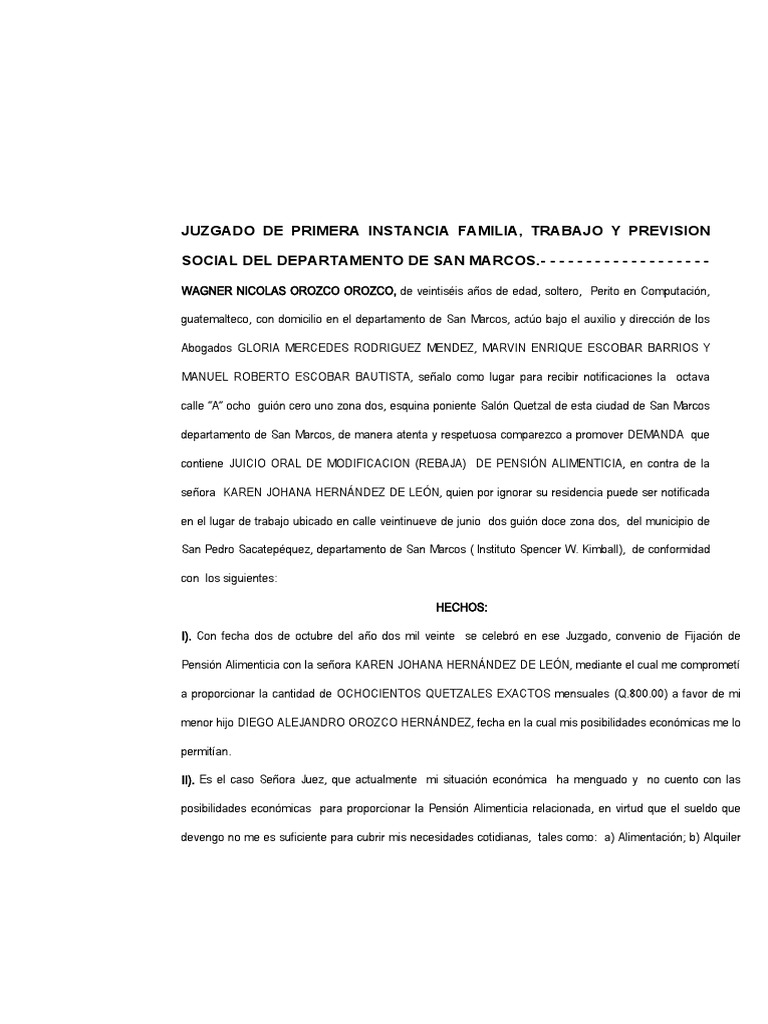 Demanda Oral De Modificacion De Pensión Alimenticia Por Reducción Pdf