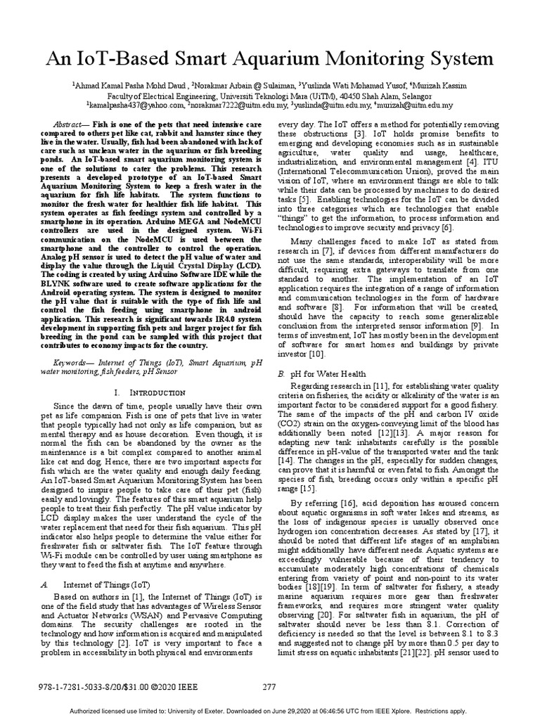 Smart Aquarium Monitoring Systm Pdf Internet Of Things Aquarium