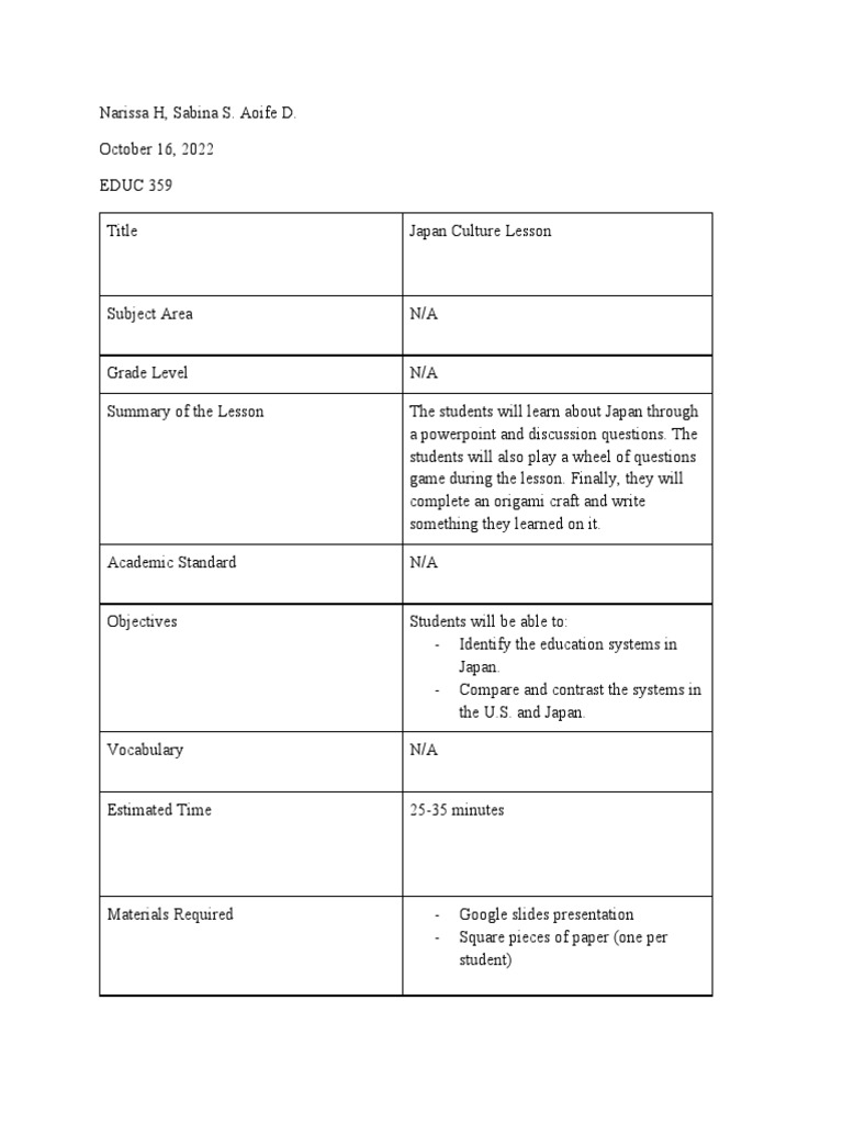 Culture Lesson Plan | PDF | Teachers | Japan
