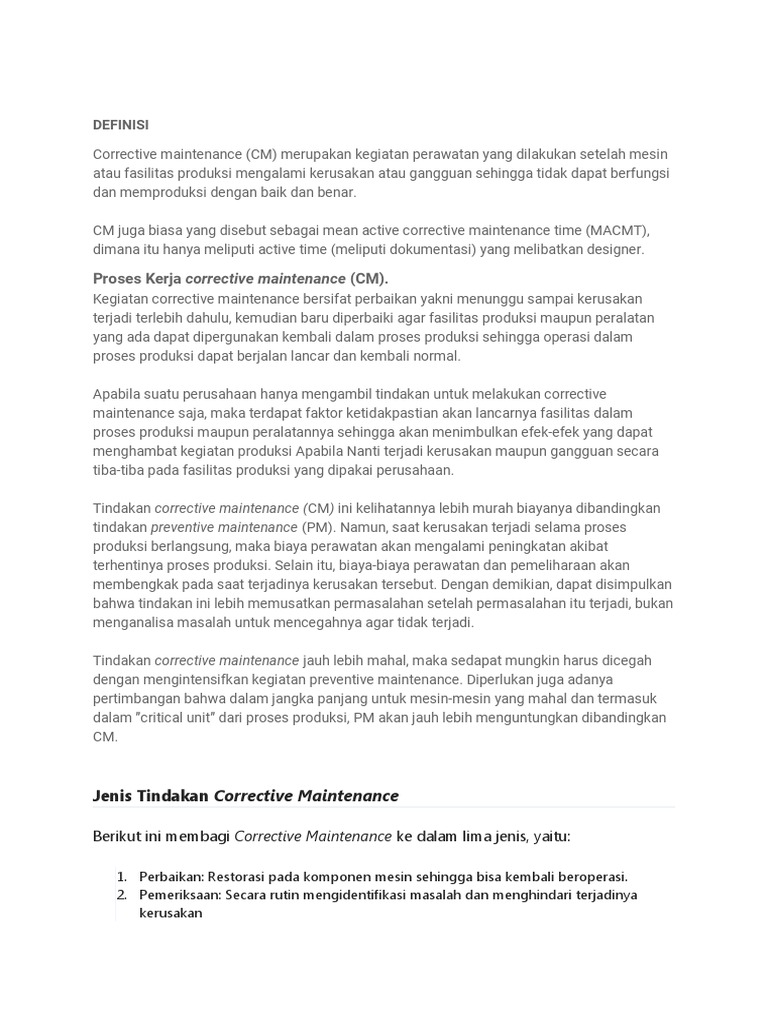 Metode Pemeliharaan Corrective Maintenance | PDF