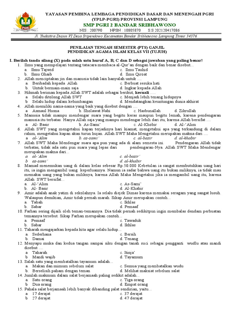 Naskah Soal PTS PAI Kelas 7 | PDF