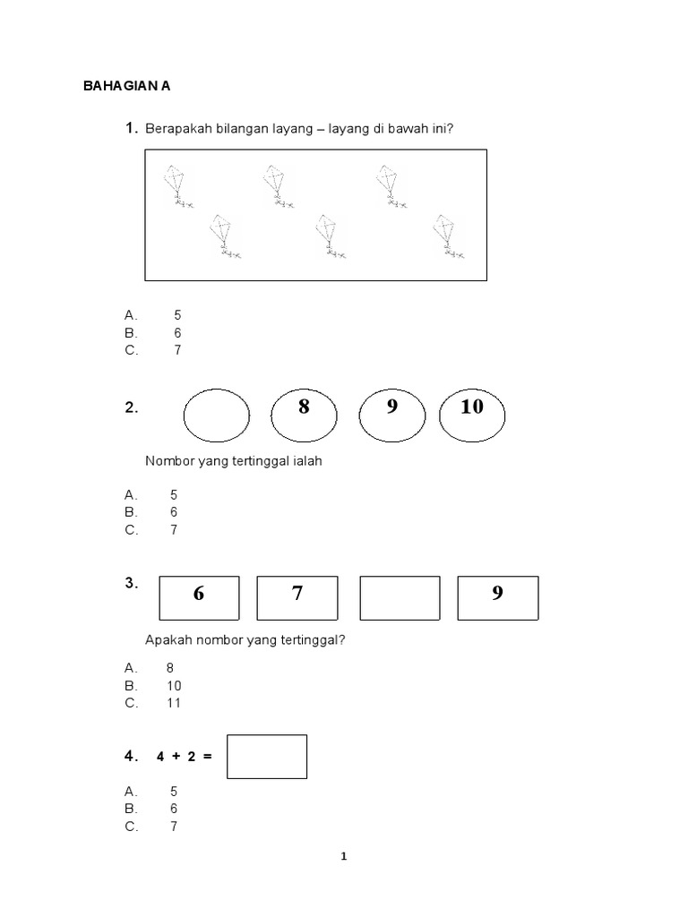 Matematik Tahun 1 Kertas 1 - Bahagian A | PDF