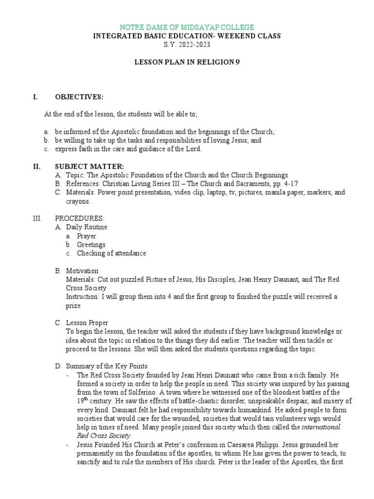 Lesson Plan RE 9 - 1 | PDF | Saint Peter | Pope