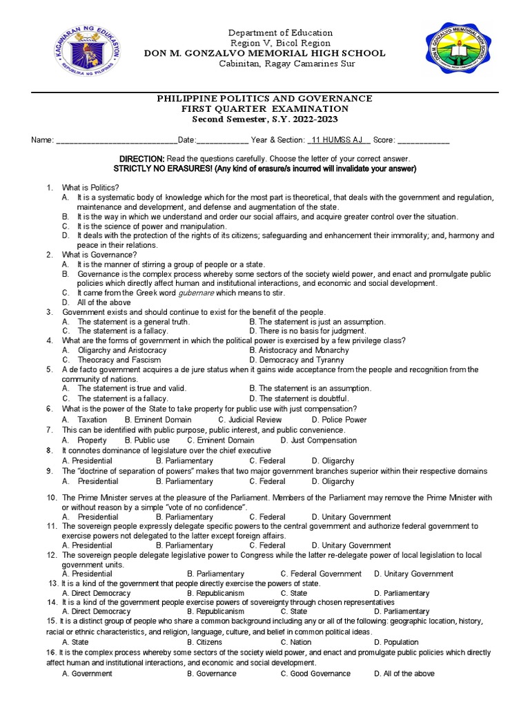 Philippine Politics and Governance Exam | PDF | Sovereignty | Ideologies