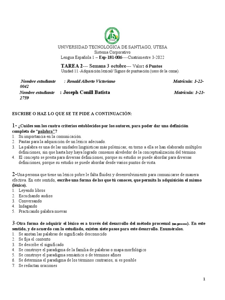 Tarea 2, Adquis Lexic-Sign Punt-Coma-3-22 | PDF | Palabra | Léxico