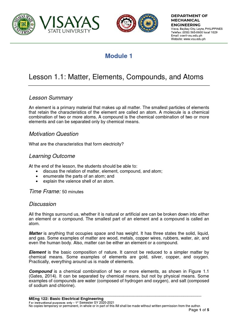 Lesson 1.1 Matter Elements Compounds and Atoms | PDF | Atoms | Atomic ...
