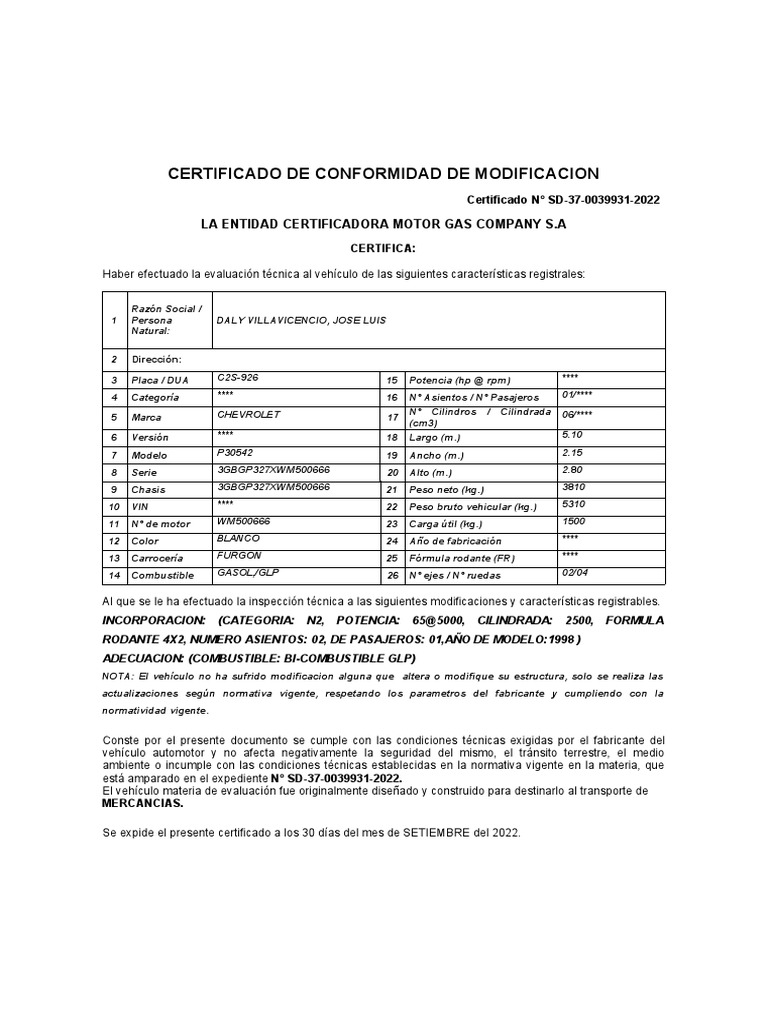 C2s-926-Conformidad MG | PDF | Vehículos | Carros deportivos