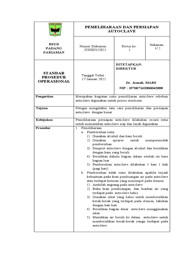 SOP PEMELIHARAAN DAN PERSIAPAN AUTOCLAVE - For Merge | PDF