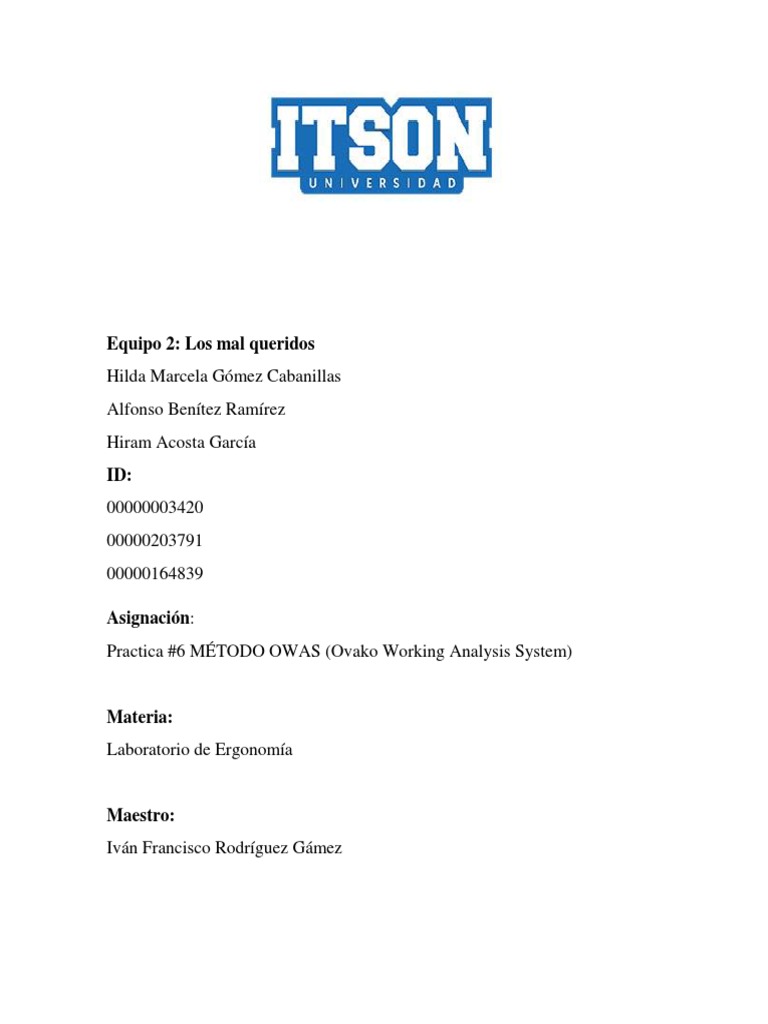 Práctica 6. "MÉTODO OWAS (Ovako Working Analysis System) " | PDF ...