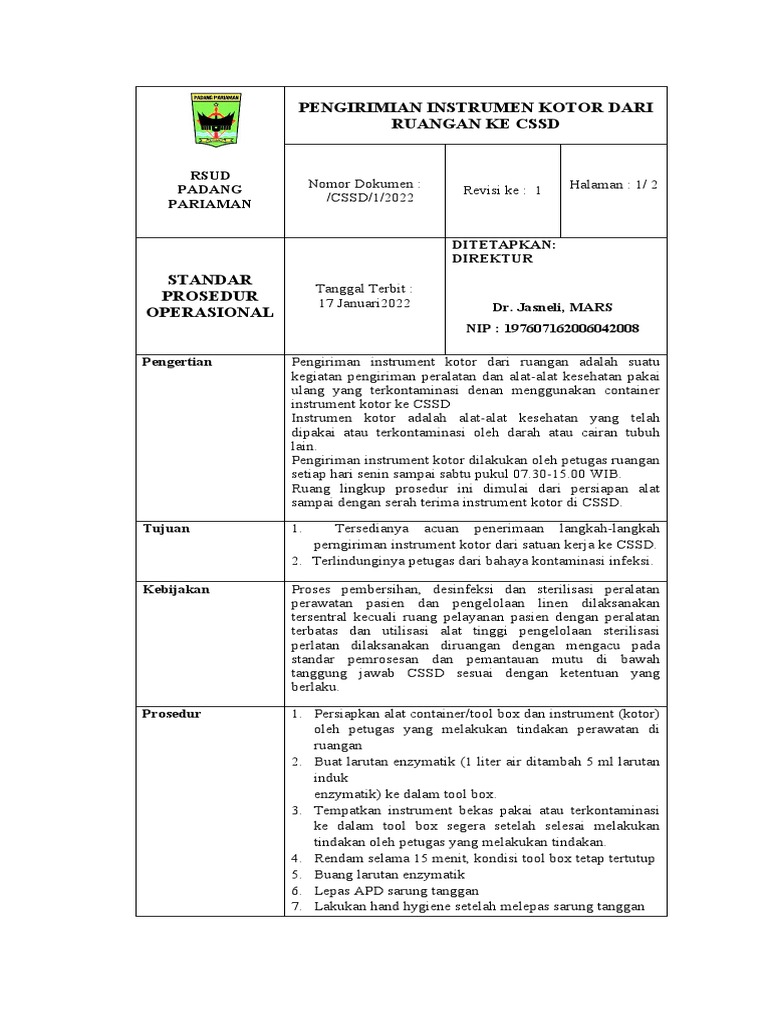 Pengiriman Instrumen Kotor Dari Ruangan Ke CSSD | PDF | Sains & Matematika