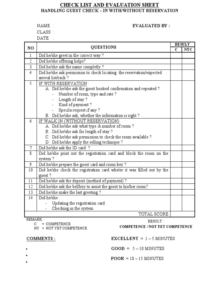 Check List Handling Guest Check in With & Without Reservation | PDF