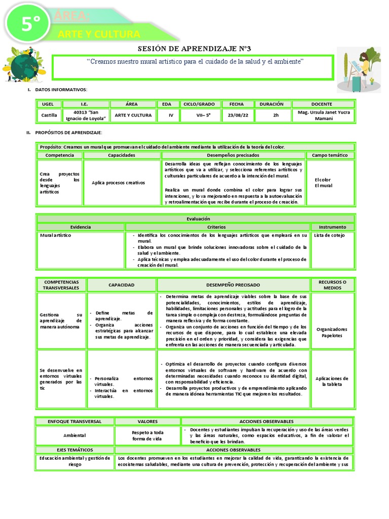 5° Sesión de Aprendizaje Sesión - Sem.3-Exp.4-Arte y Cultura | PDF | Aprendizaje | Maestros