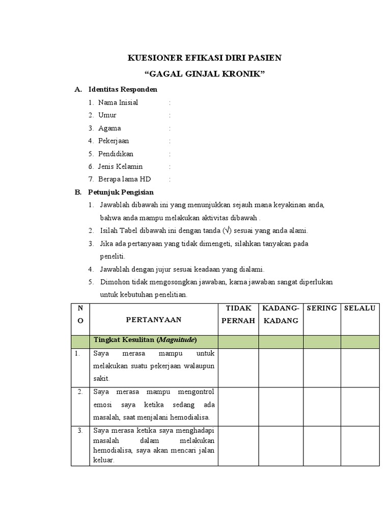 Kuesioner Efikasi Diri Pasien | PDF
