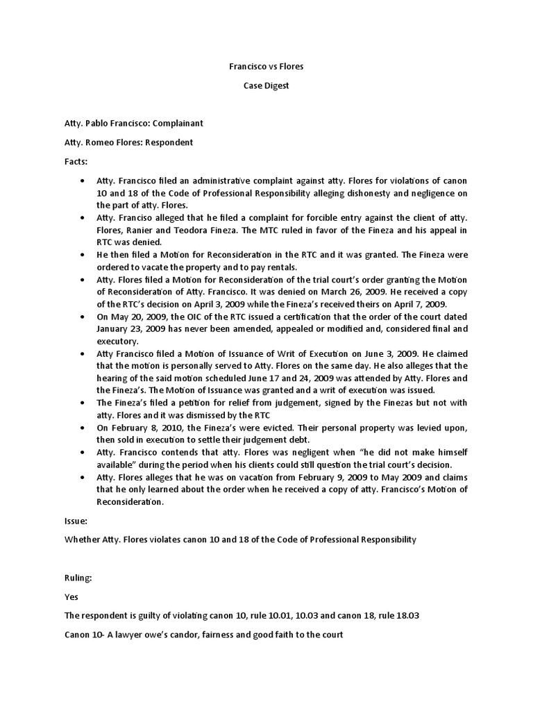 Francisco Vs Flores Case Digest | PDF | Judgment (Law) | Complaint