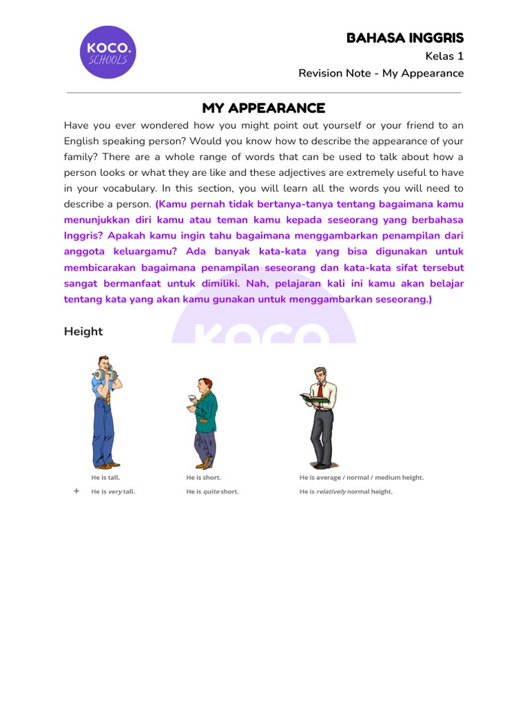 Revision Note Bahasa Inggris Kelas 1 My Appearance | PDF