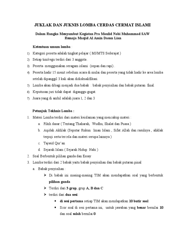 JUKLAK DAN JUKNIS LOMBA CERDAS CERMAT ISLAMI Rohim | PDF