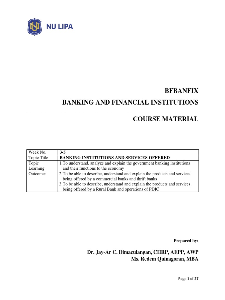 Course Material - Banking and Financial Institutions | PDF | Banks ...