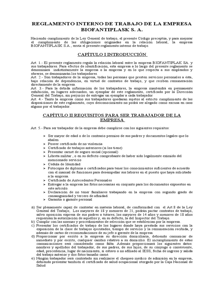 Reglamento Interno de La Empresa | PDF