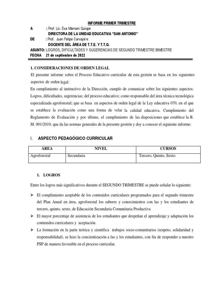 INFORME Segundo TRIMESTRE | Descargar gratis PDF | Evaluación | Maestros