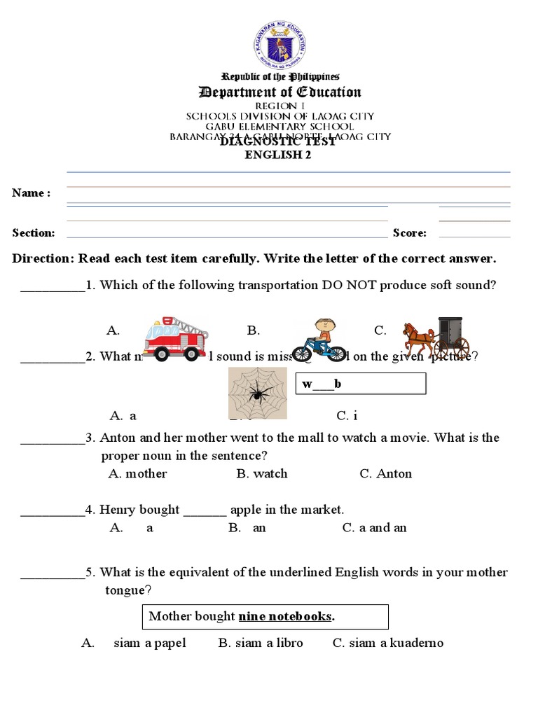 Grade 2 English Diagnostic Test | PDF | English Language | Linguistics