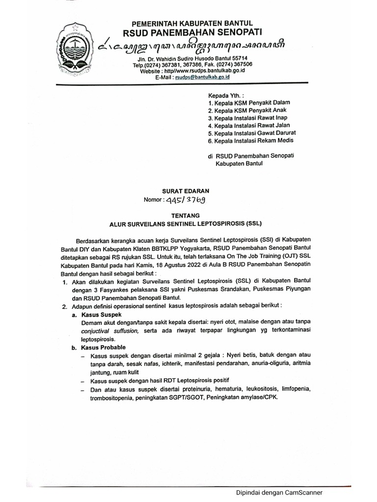 Surat Edaran Alur Surveilans Sentinel Leptospirosis | PDF