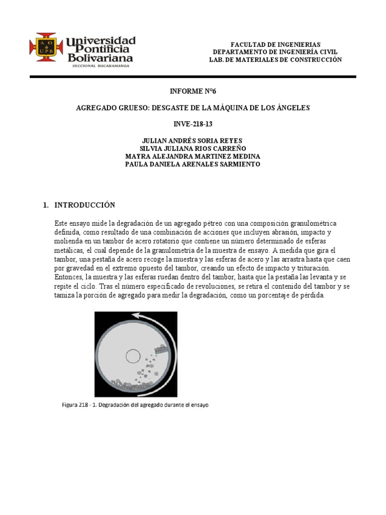 Informe 6 Maquina Angeles INV-218 | PDF | Acero | Hormigón