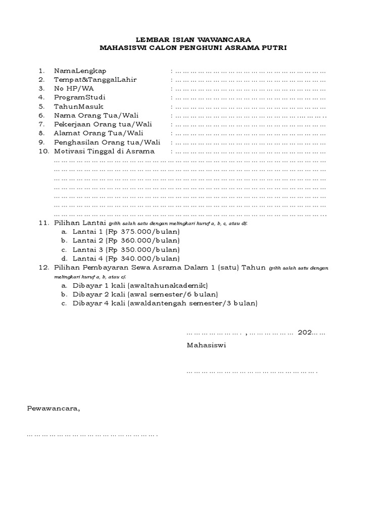 Formulir Wawancara Dan Daftar Isi Calon Penghuni Asrama | PDF | Karier & Perkembangan