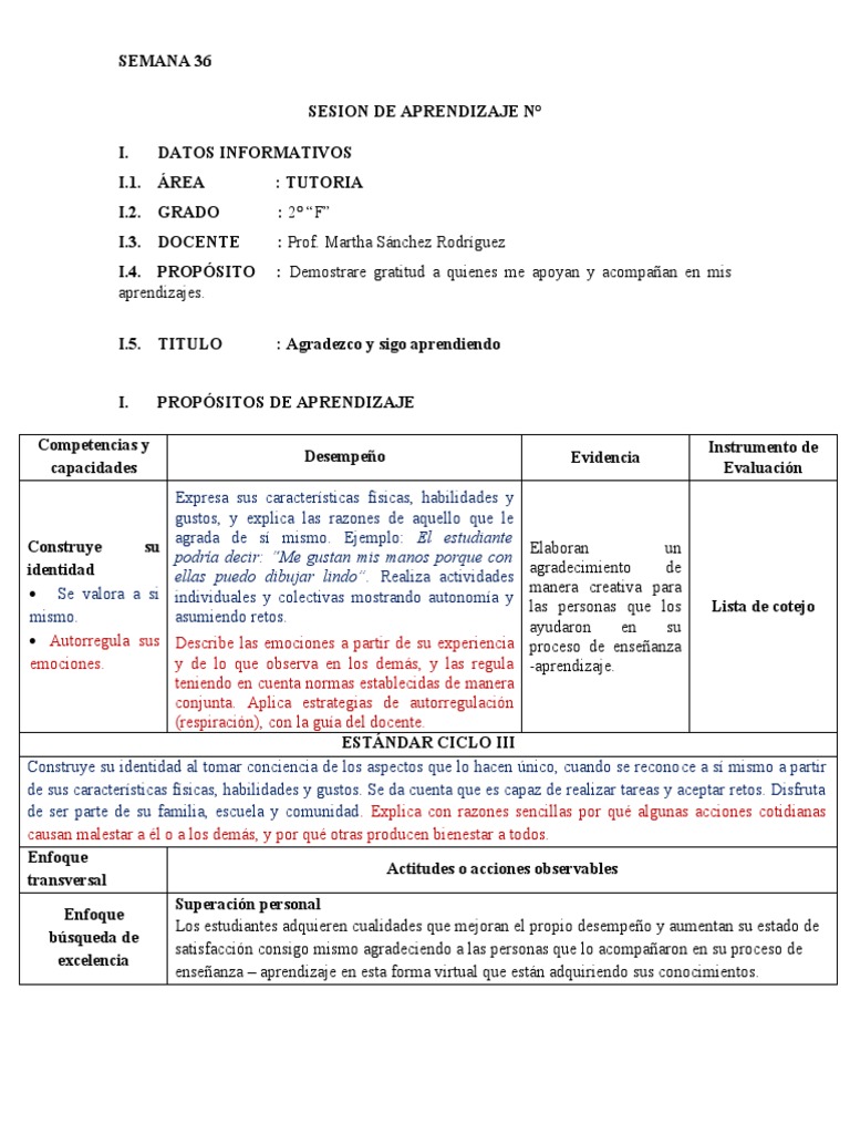 Sesion de Aprendizaje Tutoria 03 - 12 | PDF | Aprendizaje | Las emociones