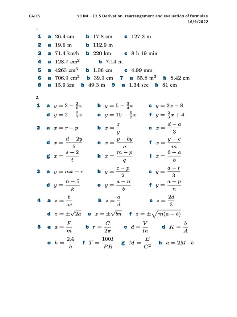 E2.5 Derivation, Rearrangement and Evaluation of Formulae - Answerkey | PDF
