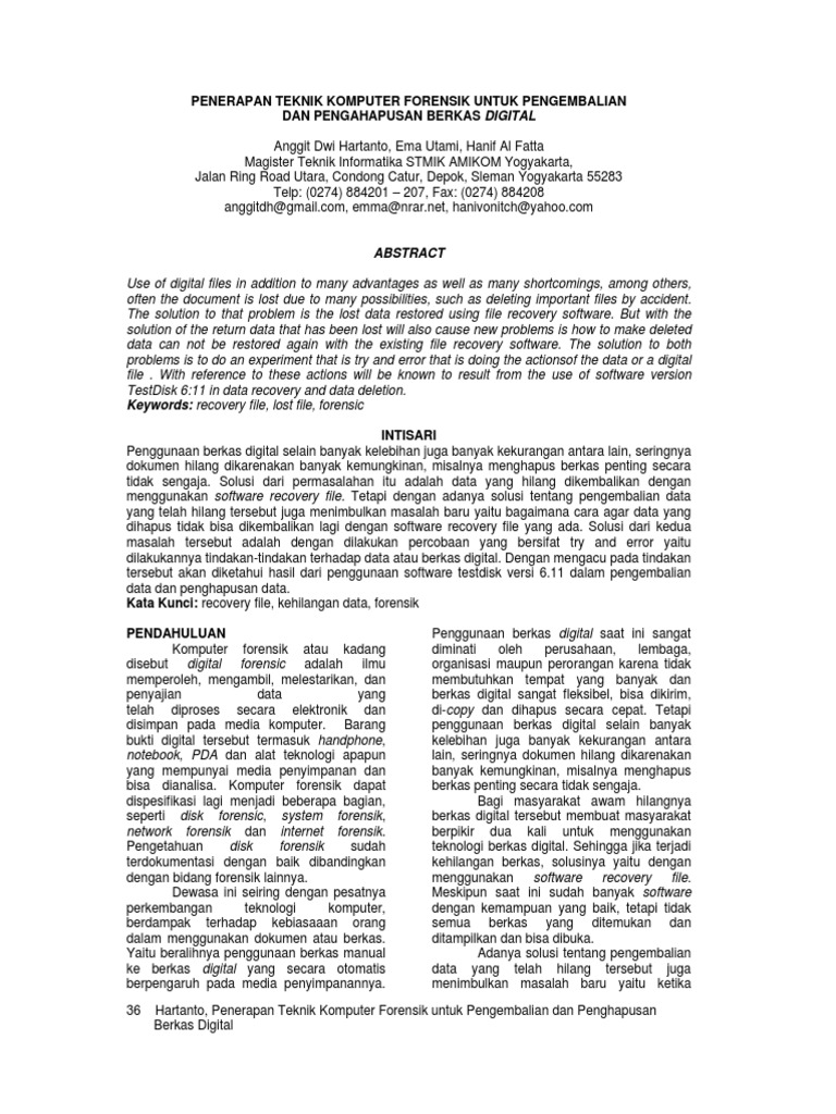 Penerapan Teknik Komputer Forensik Untuk Pengembalian Dan Pengahapusan Berkas Digital | PDF