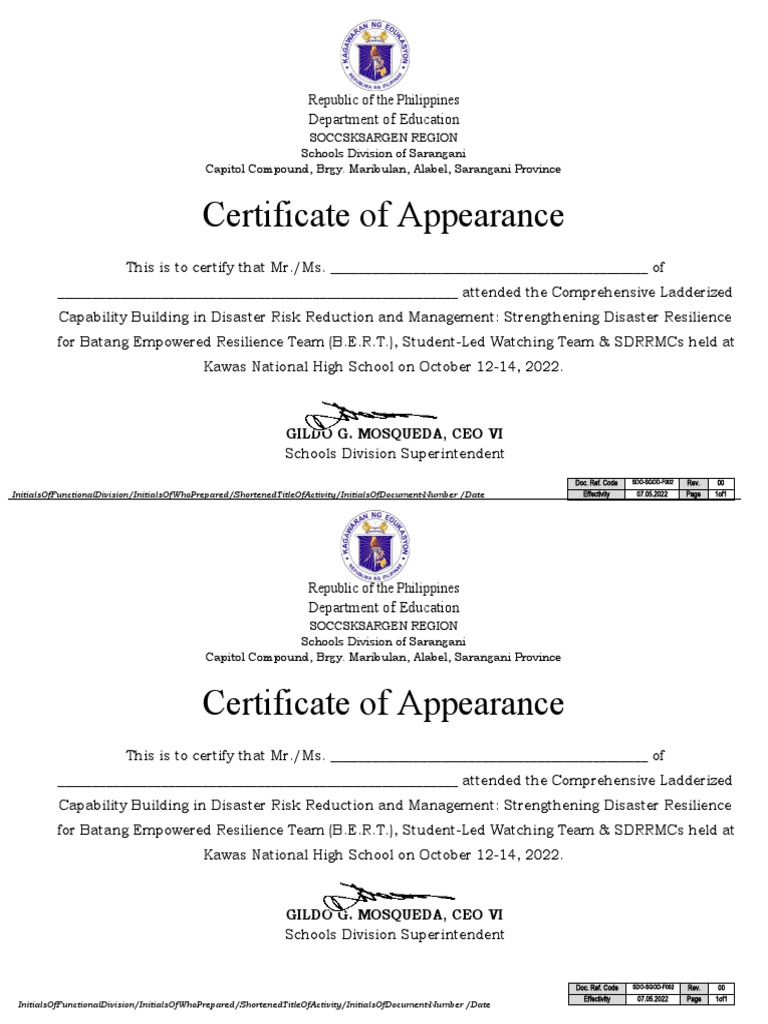Certificate of Attendance for Disaster Management | PDF | Risk ...