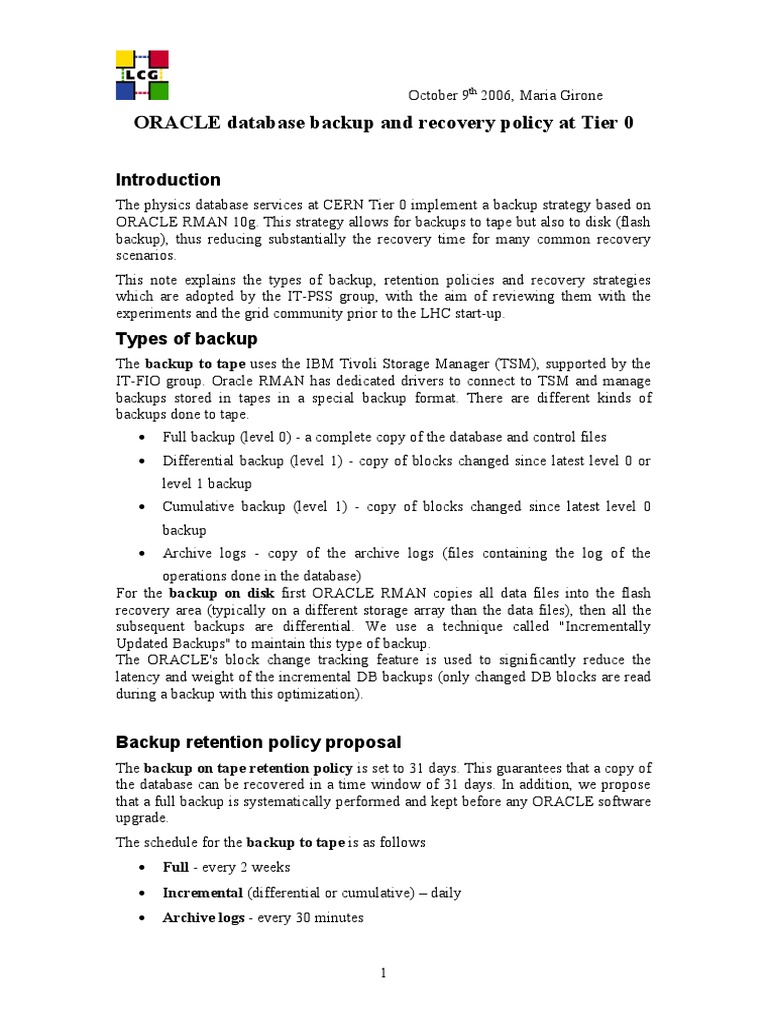 Oracle Backup Policy Pdf Backup Databases