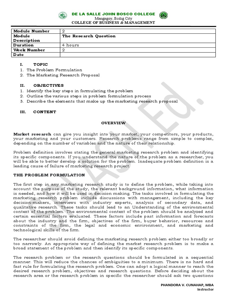 Formulating the Research Problem: Key Steps in Defining the Marketing Research Question | PDF ...