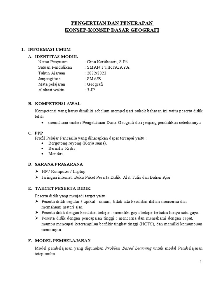 Contoh Modul Ajar Geo Bab 1 Kelas X | PDF