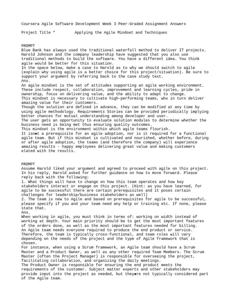 Coursera Agile Software Development Week 3 & 4 Peer-Graded Assignment Answers | PDF | Agile ...