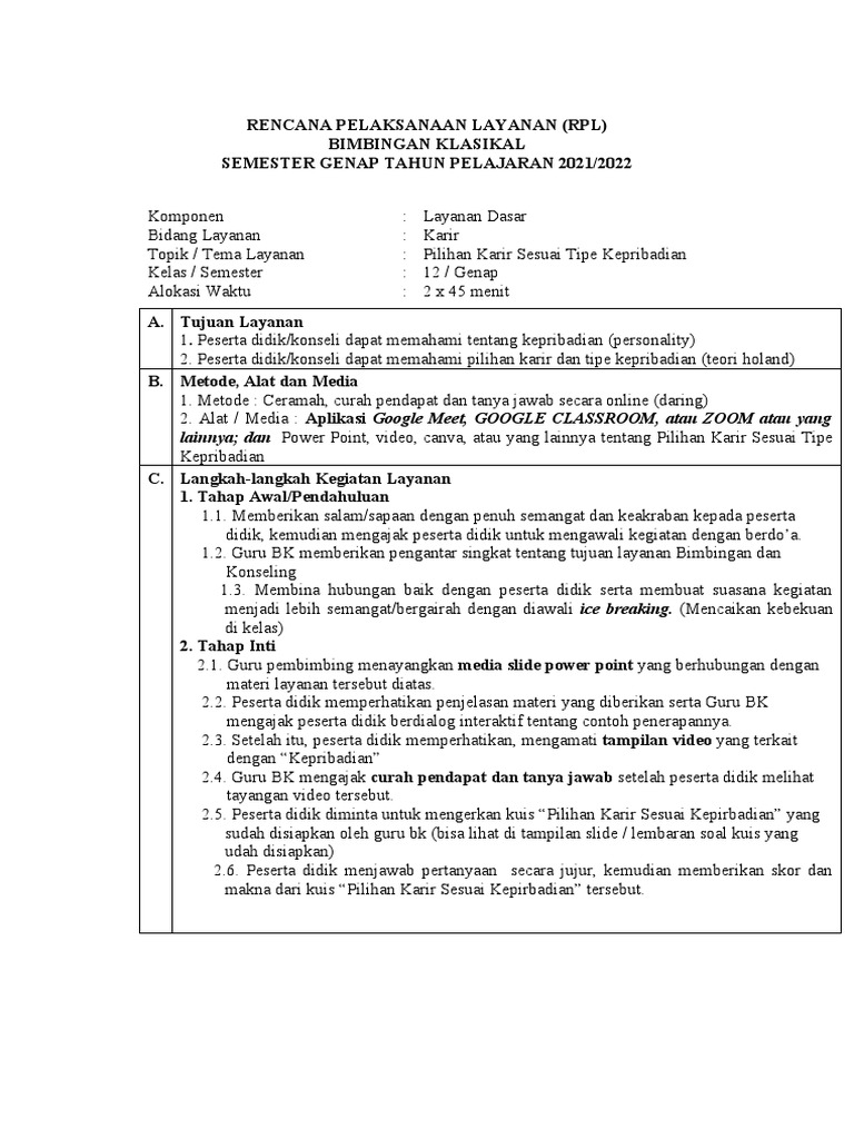 RPL Dan Materi BK - Pilihan Karir Yang Sesuai Tipe Kepribadian | PDF