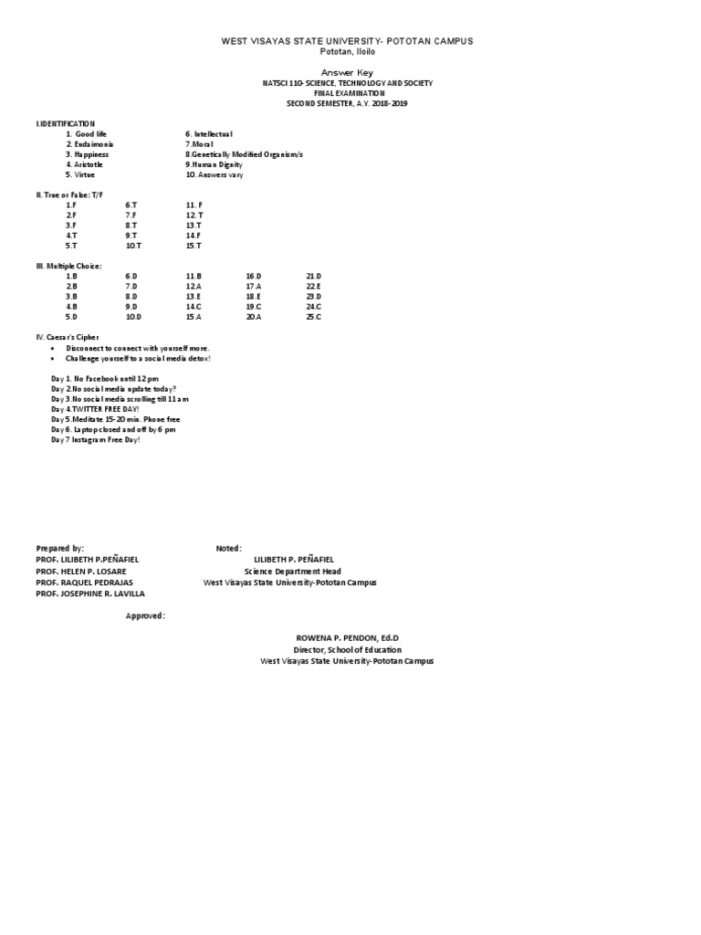 Answer Key - STS Final Exam | PDF