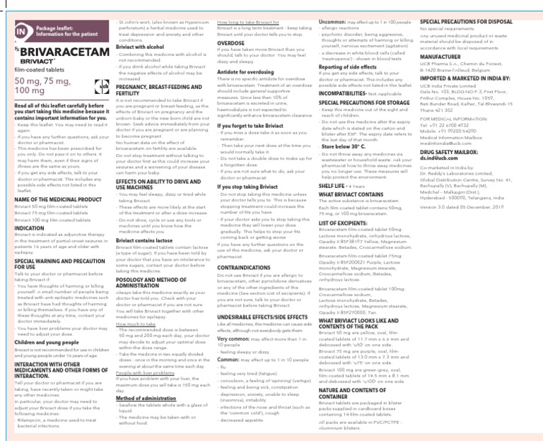 Briviact - Tab - India Leaflet | Download Free PDF | Pharmacology ...